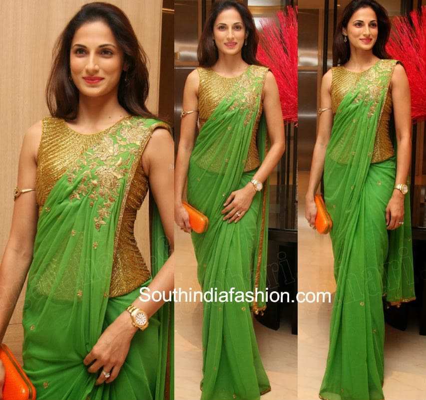 Shilpa Reddy in Green Saree and Gold Corset Blouse – South India Fashion