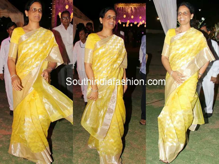 Sabitha Indra Reddy in Yellow and Gold Saree – South India Fashion