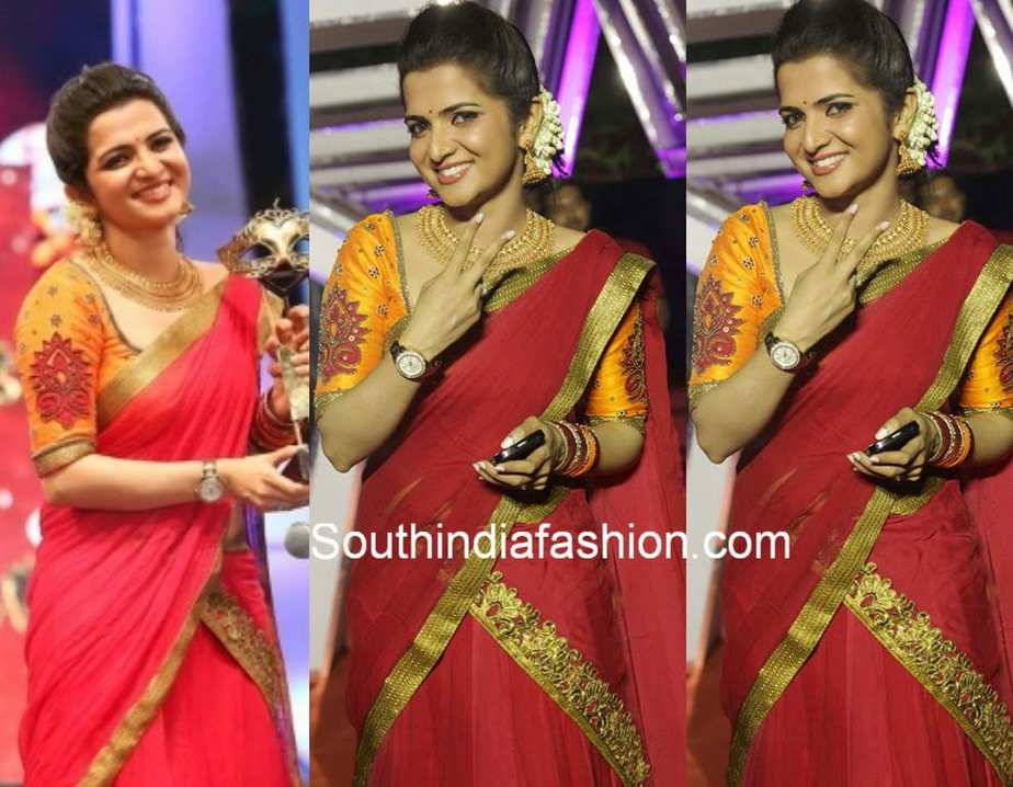 Divya Darshini in Red Half Saree – South India Fashion