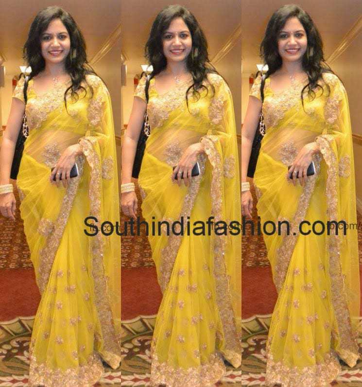 Singer Sunitha in Yellow Saree – South India Fashion