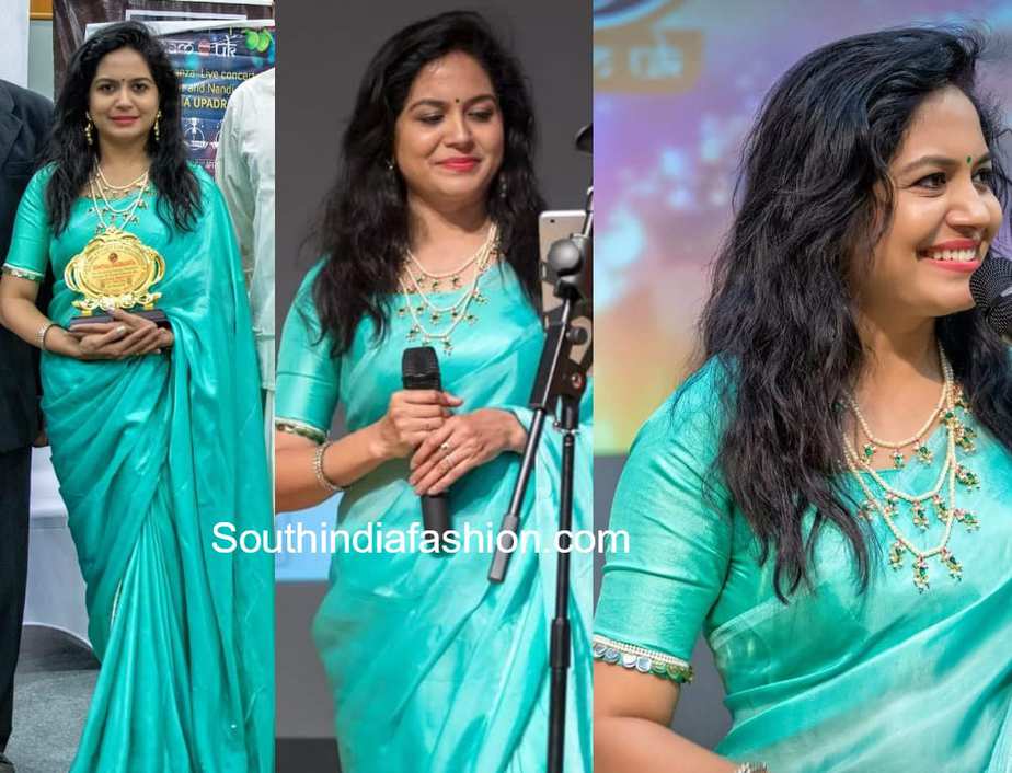 Sunitha in a blue saree – South India Fashion