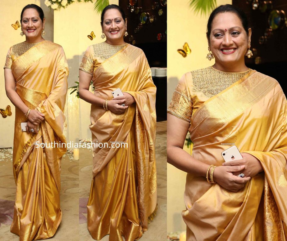 Subhashini in a gold color silk saree – South India Fashion