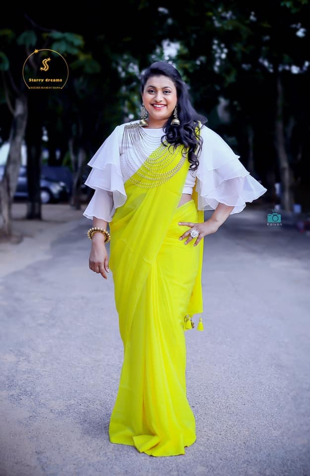 Roja Selvamani dons a neon green saree with white blouse for "Jabardasth!"