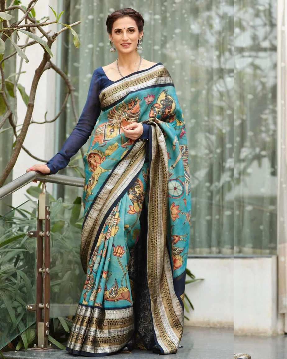 Shilpa Reddy drapes on a sky blue kanchi kalamkari saree for "Q&A"
