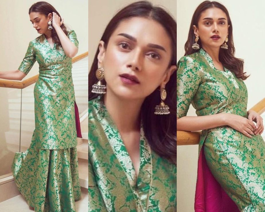 Aditi Rao Hydari in a green brocade kurta set at "Mahasamudram" promotions!