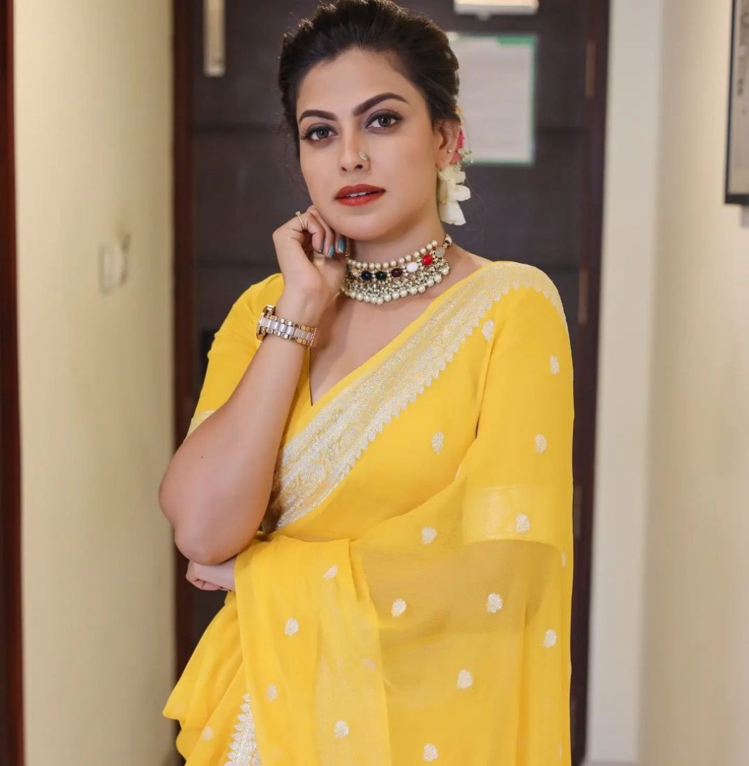 Anusree Nair looks beautiful in a yellow kkaddi georgette saree!