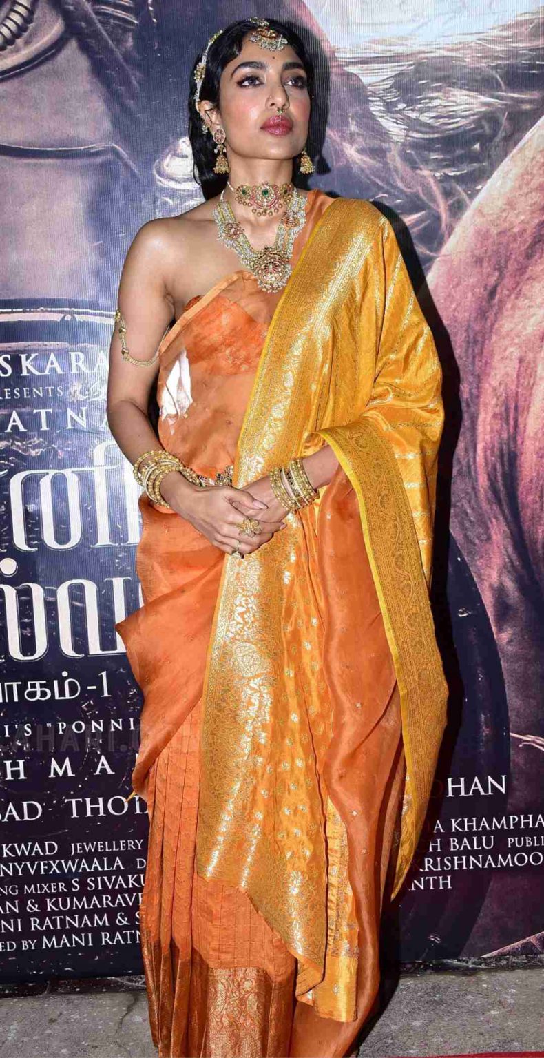 Sobhita Dhulipala in a yellow silk saree for "Ponniyin Selvan-1" trailer launch!